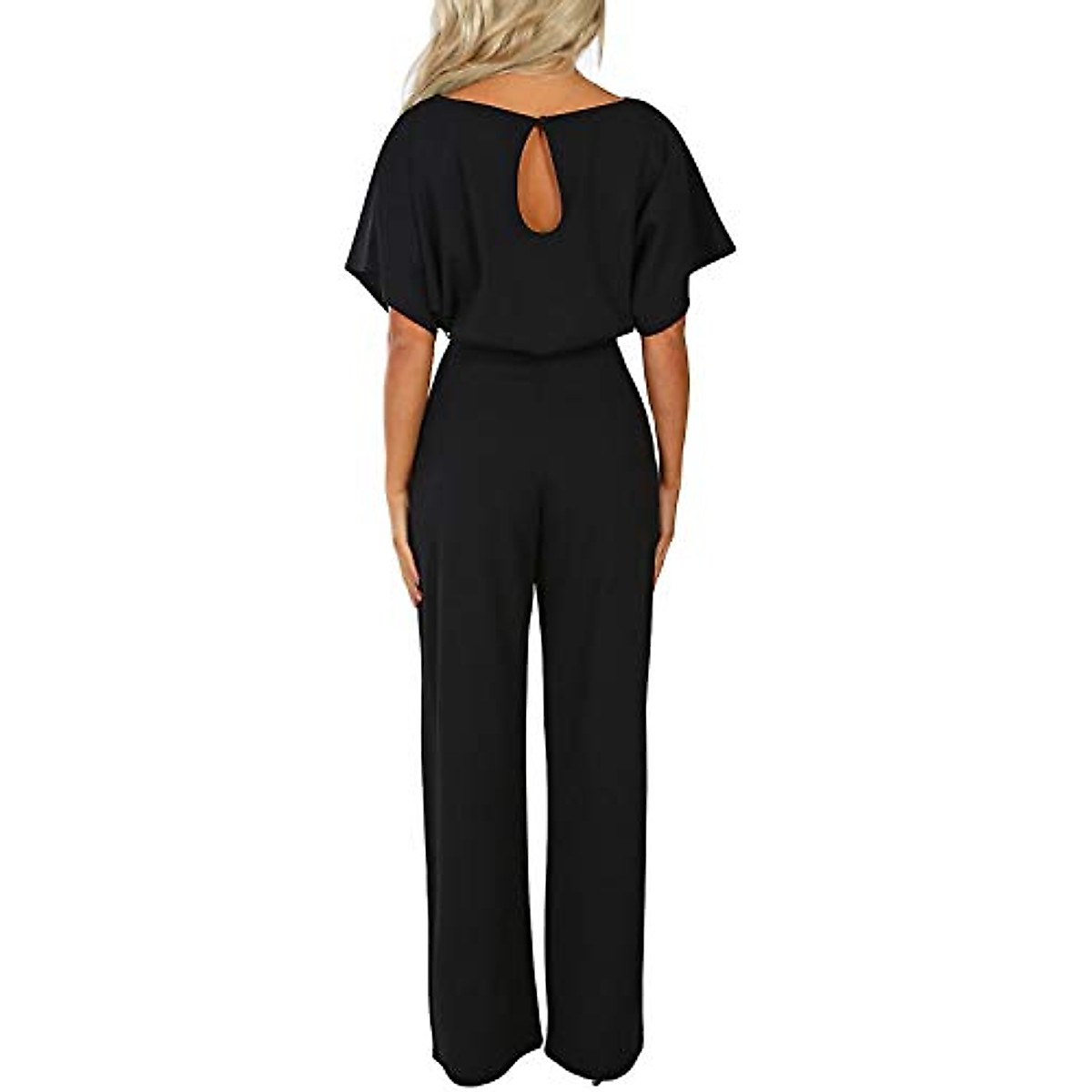 Happy Sailed Women Casual Loose Short Sleeve Belted Wide Leg Pant Romper Jumpsuits Medium Black