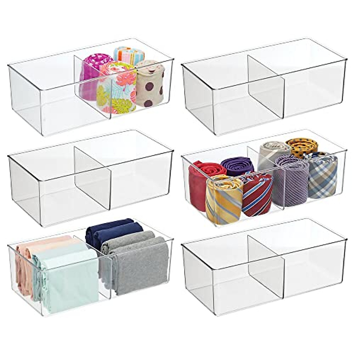 mDesign Plastic 2 Compartment Divided Drawer and Closet Storage Bin - Organizer for Scarves, Socks, Bras, and Underwear - Dress Drawer Organizer, Shelf Organization - 6 Pack - Clear