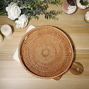 Hipiwe 10" Round Rattan Serving Tray with Handles, Hand-Woven Decorative Organizer Tray for Storage Breakfast Drinks Snack, Centerpiece Fruit Basket for Home Decoration, Small