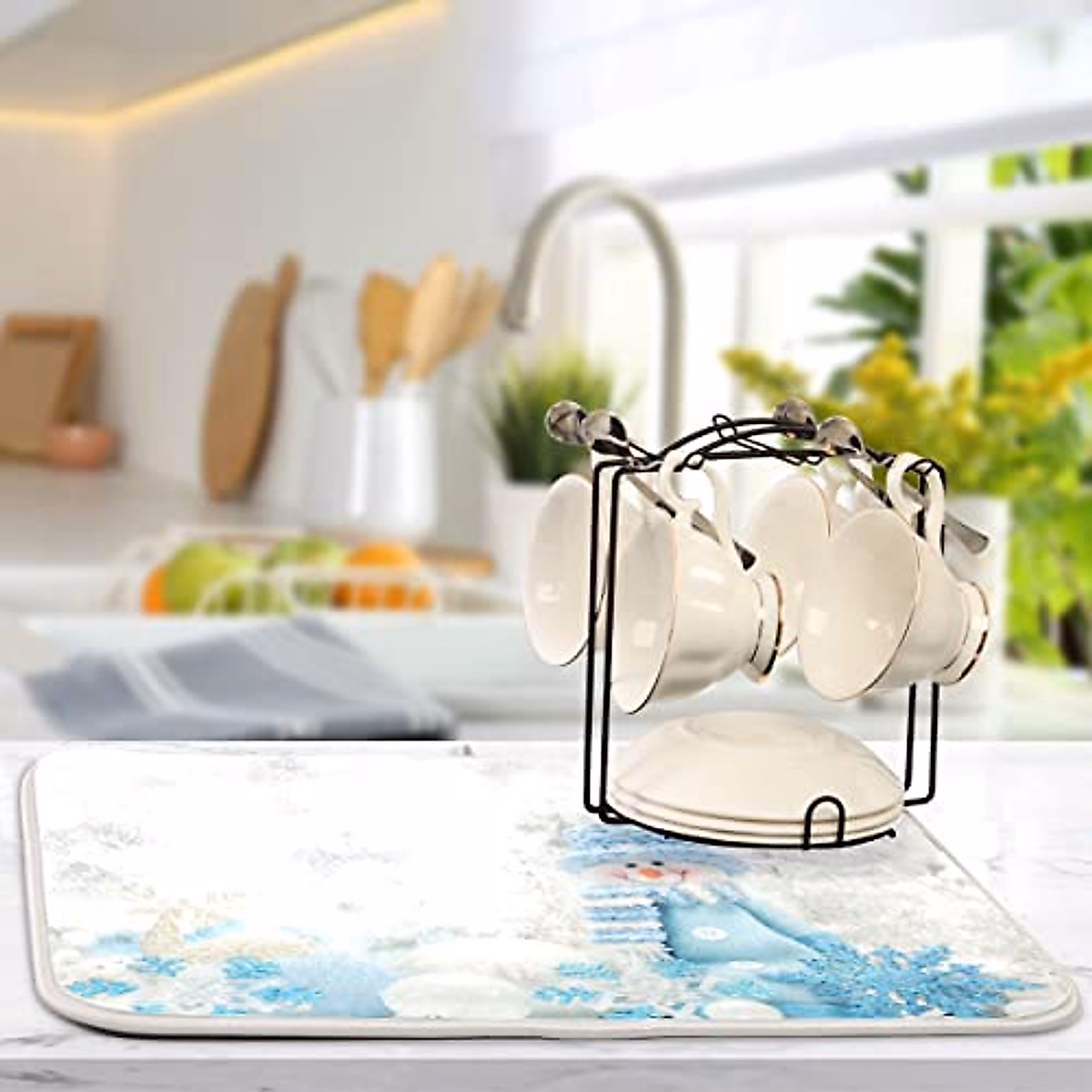 xigua Christmas Snowman Dish Drying Mat for Kitchen Counter,Texture Ultra Absorbent Reversible Microfiber Dishes Drying Rack Pad Heat-resistant Mats 16x18in