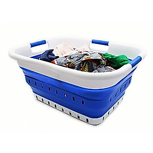 SAMMART 41L Set of 2 Collapsible 3 Handled Plastic Laundry Basket - Foldable Pop Up Storage Container/Organizer - Portable Washing Tub - Space Saving Hamper/Basket (2, White/Dark Blue)
