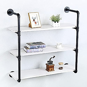 Industrial Pipe Shelving Wall Mounted,36in Rustic Metal Floating Shelves,Steampunk Real Wood Book Shelves,Wall Shelf Unit Bookshelf Hanging Wall Shelves,Farmhouse Kitchen Bar Shelving(3 Tier)