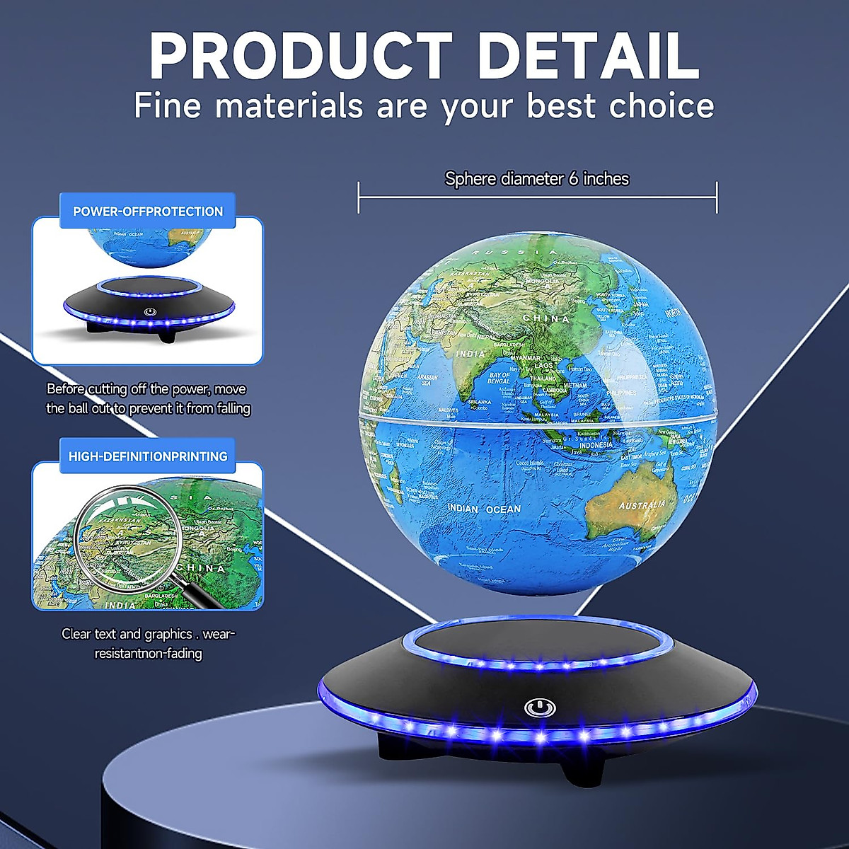 Magnetic Levitating Globe,Cool Gadgets Auto- Rotating Globes Floating Globe World Map Office Decor with LED Light Base for Children Educational Gift Home Office Desk Decoration (6 Inch)