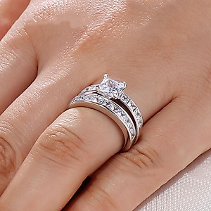 Princess Cut Wedding Ring Set for Women White Gold 1 Carat Center Moissanite Bridal Sets Wedding Rings Engagement Ring Set Platinum Plated Silver 10K 14K 18K Gold with Text Engraving (Platinum Plated Silver)