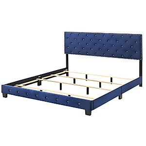Glory Furniture Suffolk Velvet Upholstered King Bed in Navy Blue