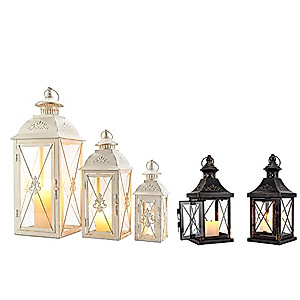 TRIROCKS Set of 3 Decorative Hanging Lantern 19'' High Vintage Metal Candle Holder&Set of 2 Decorative Candle Lantern 11'' High Metal Candle Holder