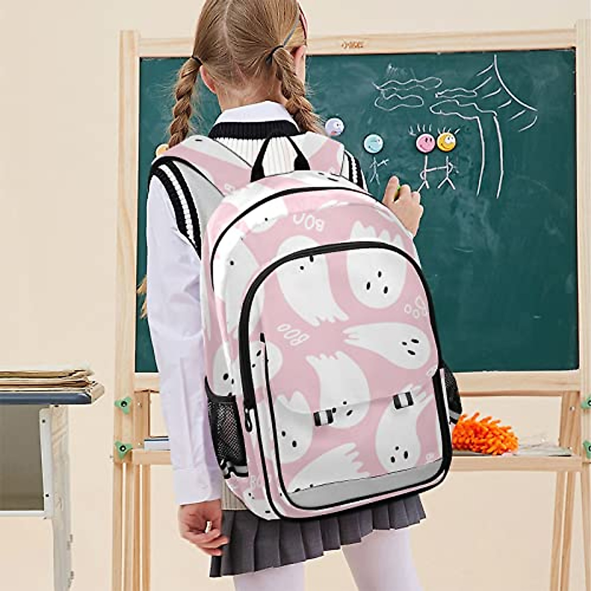 Vnurnrn Kids Backpack Pink Cute Halloween Ghost Print Big Storage Multi Pockets 17.7 IN School Backpack with Chest Buckle Reflective Strip for Boys Girls 6+ years in Primary Middle High School