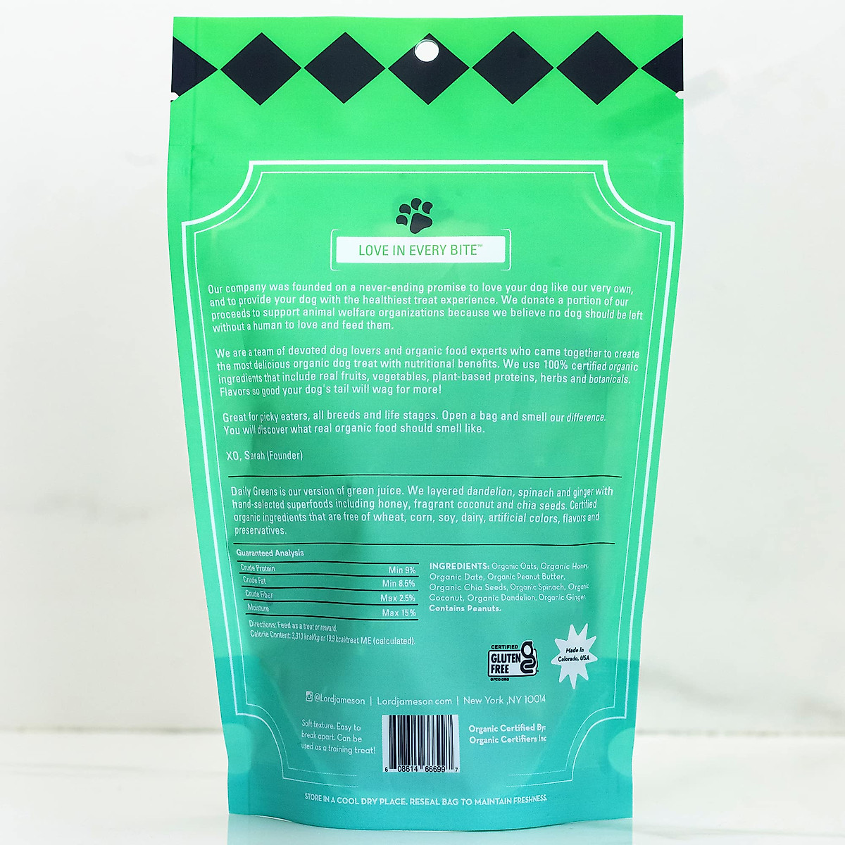 Lord Jameson Daily Greens Organic Dog Treats, Organic Dog Treats Made with Spinach and Chia Seeds, Dog Treats That Support Stomach and Digestive Health, 6 oz. Bag