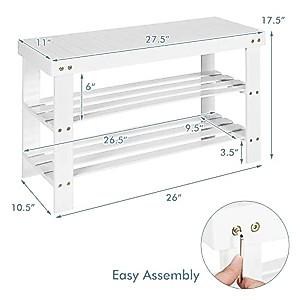 COSTWAY Bamboo Shoe Rack Bench 3-Tier Free Standing Wood Shoe Storage Organizer Shelf Holder Home Entryway Hallway Furniture Eco-Friendly (White)