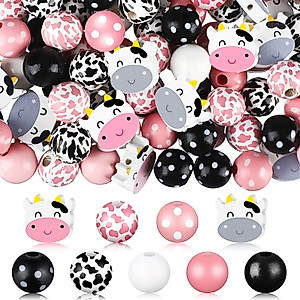 200 PCS Cow Print Wood Beads 16mm Wood Round Beads Natural Handmade Beads Polished Spacer Beads for Jewelry Making DIY Crafts Making Home Party Decoration (Cow)