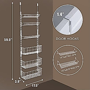 Judecude 6-Tier Over the Door Pantry Organizer, Hanging Storage Metal Rack with 6 Adjustable Medium Basket, Closet Organization Kitchen Spice Rack with Adhesive Clips, White