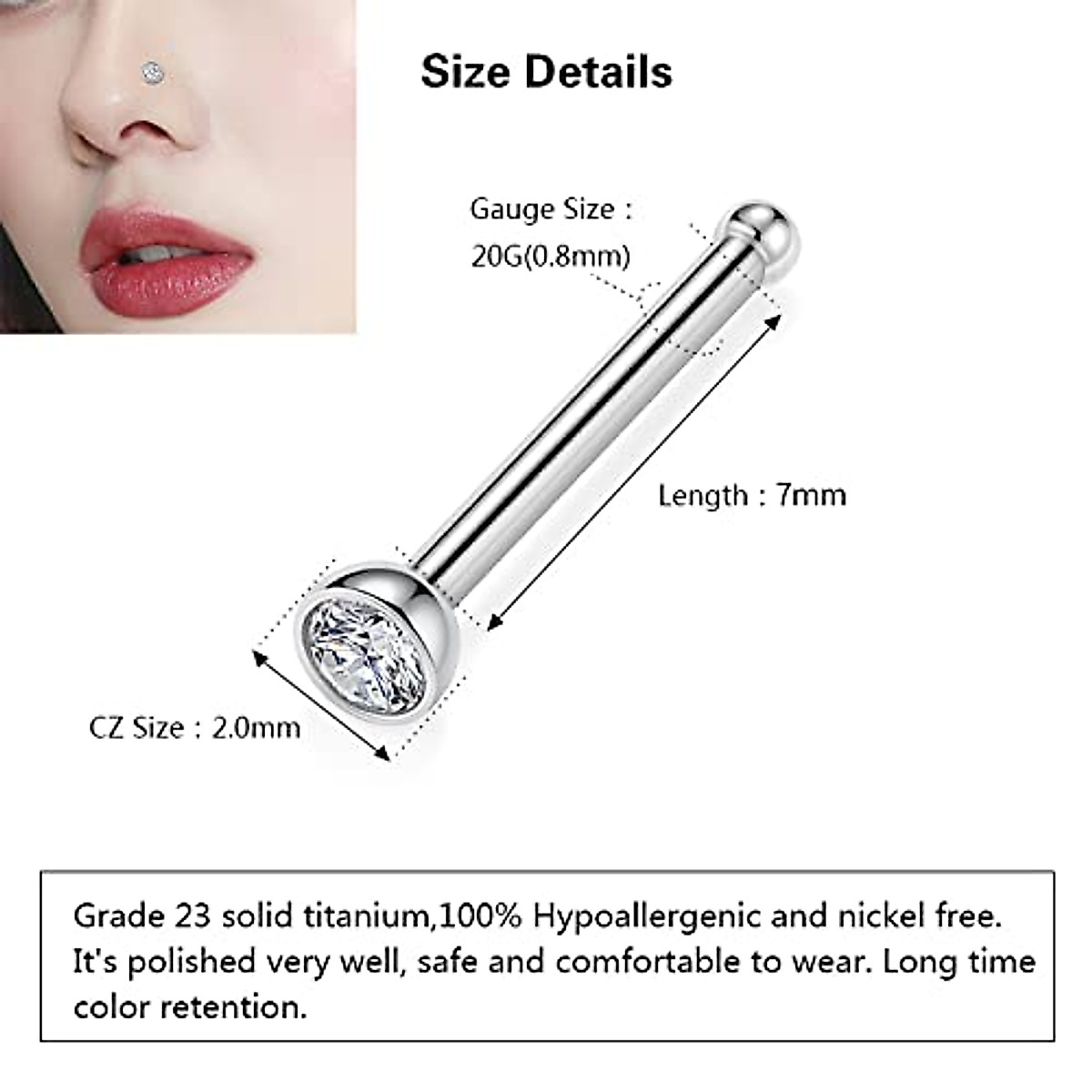 GAGABODY G23 Titanium 20G Nose Ring Hoop 2mm Press Fit Crystal Gem Nose Screw Nose Studs Ring L-Shaped Bone Piercing Jewelry