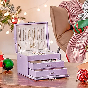 BEWISHOME Jewelry Box for Teen Girls,3 Layers Jewelry Organizer Box with Lock, Jewelry Travel Case for Women Girls, PU Leather Jewelry Boxes for Earrings, Rings, Necklaces Purple, SSH88P