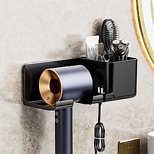 Hair Dryer Holder Self Adhesive Hair Tool Organizer Blow Dryer Holder Wall Mount Hair Care Tools Organizer Bathroom Space Saver (Black)