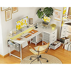 ODK 55 inch L Shaped Computer Desk with USB Charging Port & Power Outlet, L-Shaped Corner Desk with 4 Tier Drawer & Monitor Shelf for Home Office Workstation, Modern Style Writing Table, White