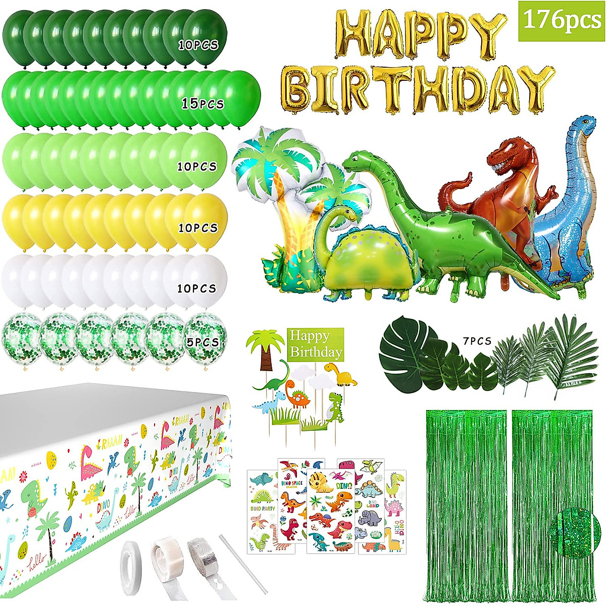 176pcs Dinosaur Birthday Party Decorations, Slmeno Dinosaur Balloon Arch Garland Kit with Dinosaur Cake Topper,HAPPY BIRTHDAY Balloons,Dinosaur Tablecloth,Curtains,Glow In The Dark Dinosaur Tattoos