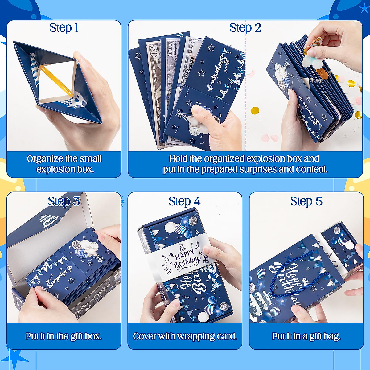 WATINC Surprise Gift Box Explosion - 16pcs Birthday Surprising Gift Boxes Exploding for Money, 12 Bounces Money Boxes Explosion with Confetti, Blue Pop Out Cash Holder for Bday Party Supplies