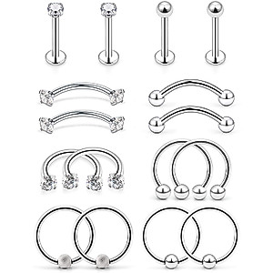 Lcolyoli 8 Pairs Stainless Steel Tragus Earring Clear Diamond CZ Forward Helix Hoop Cartilage Earring Studs Eyebrow Barbell Lip Labret Rings Body Piercing Jewelry Kit for Women Men Silver-tone