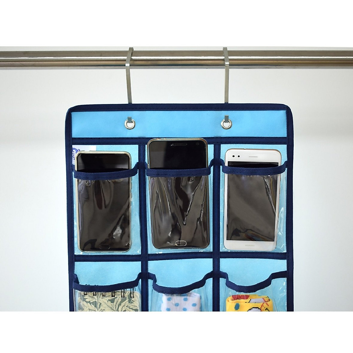 NIMES Hanging Closet Underwear Sock Jewelry Storage Over The Door Classroom Cell Phone Calculator Organizer Clear Pockets (BLUE-12 & 9 POCKETS PACK)