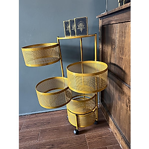 H&H Supply 5 Tier Rotating Storage Kitchen Cart Organizer Metal Vegetable Fruit Basket Rotating Shelves for Kitchen Dorm Office Bathroom Matte Yellow Gold Lightweight