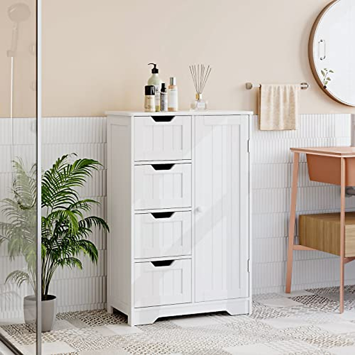 FOTOSOK Bathroom Floor Cabinet, Freestanding Storage Cabinet with 4 Drawers & 1 Cupboard, Adjustable Shelf for Bathroom Entryway Living Room, White