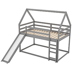Bellemave Twin Over Twin House Bunk Bed with Slide, House Bunk Bed Kids Bunk Bed with Roof and Ladder for Kids Girls Boys (Grey)