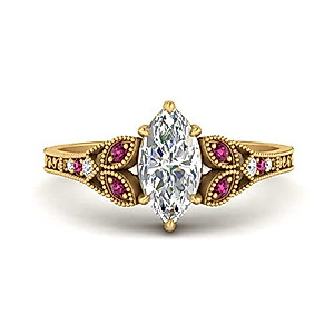 Jewelryonclick Split Band Antique Engagement Ring Yellow Gold Plated Created Pink Sapphire Marquise Shape Pink Color Side Stone Engagement Rings Pave Setting in Size 13.5 Birthstone