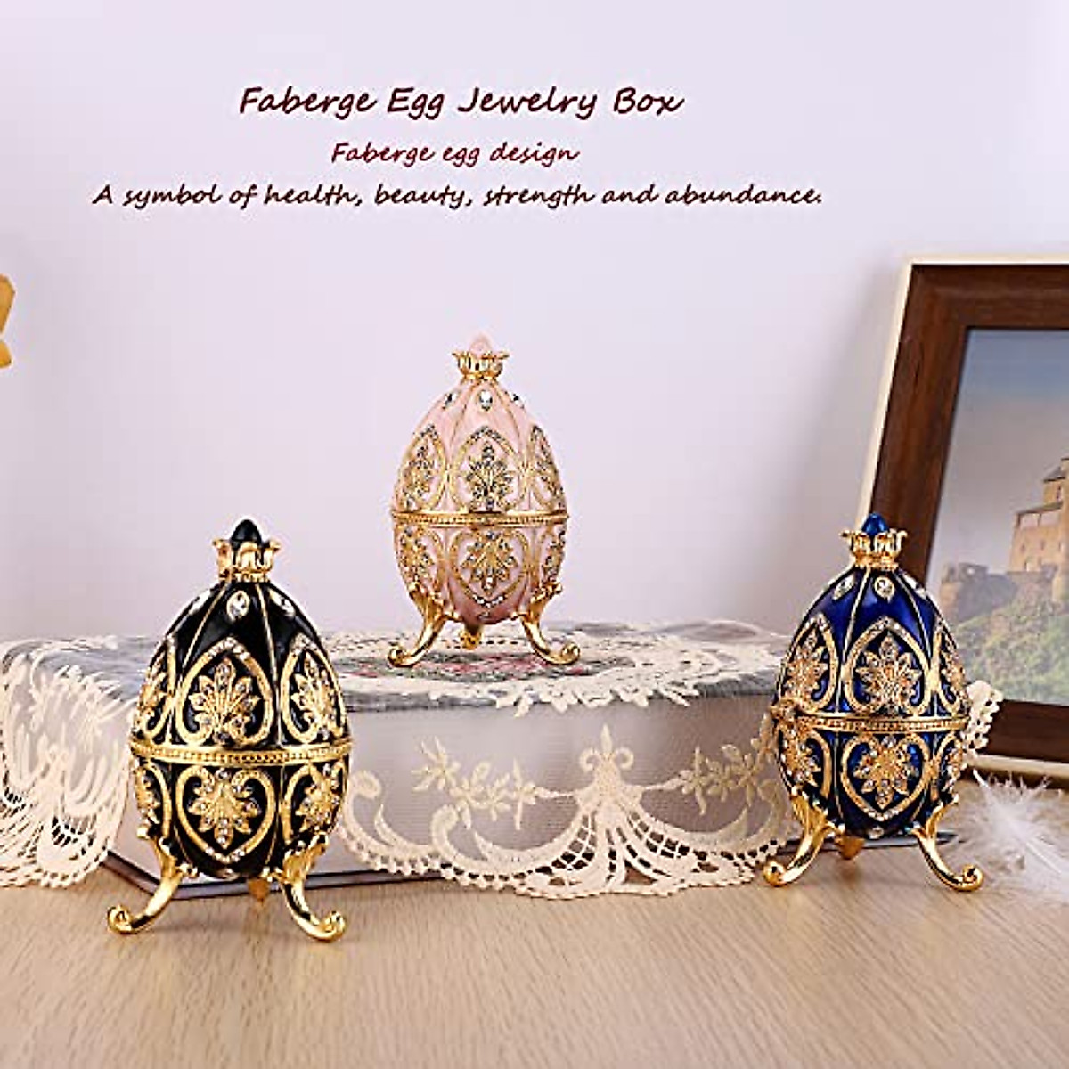 ELLDOO Faberge Egg Style Trinket Box, Enameled Jewelry Box Unique Decorative Metal Box Classic Ornaments Gift for Home Decor, Beige