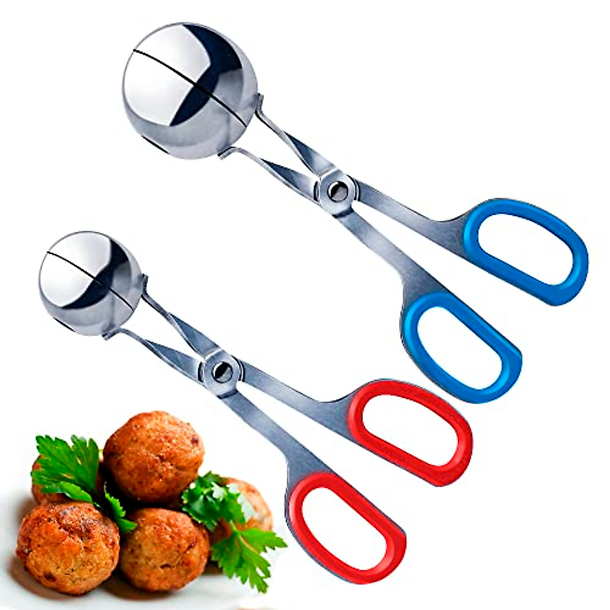 SANDEU Meatball Maker tongs 2 PCS None-Stick Meatball Maker with Detachable Anti-Slip Handles, Stainless Steel Meat Baller Scoops, Red & Blue Rubber Handles for Kitchen