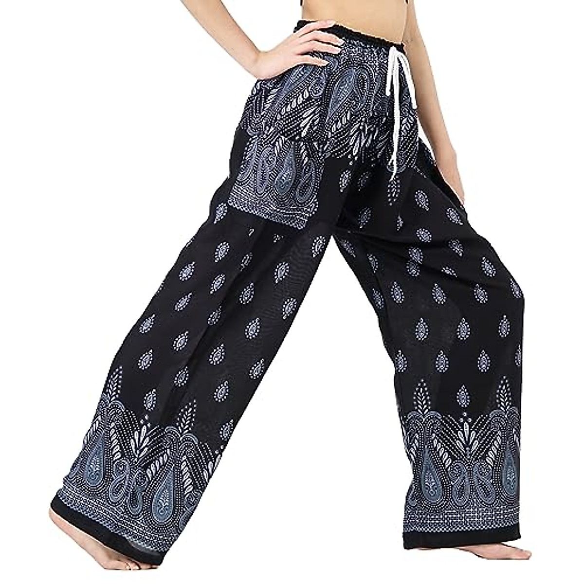 B BANGKOK PANTS Harem Pants Women Hippie Clothes Boho Print Drawstring (as1, Alpha, one_Size, Regular, Regular, Bohemian Black, Relaxed)