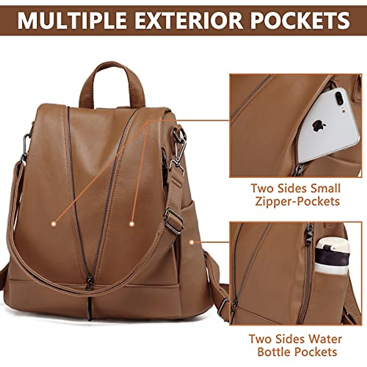 Women Backpack Purse PU Leather Anti-theft Casual Shoulder Bag Fashion Ladies Satchel Bag Large Capacity Travel Bag Waterproof Multipurpose Crossbody Handbag, Brown
