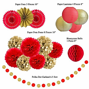 ANSOMO Red and Gold Party Decorations Paper Fans Lanterns Tissue Pom Poms Wall Hanging Decor Supplies Bridal Baby Shower Birthday Wedding Graduation