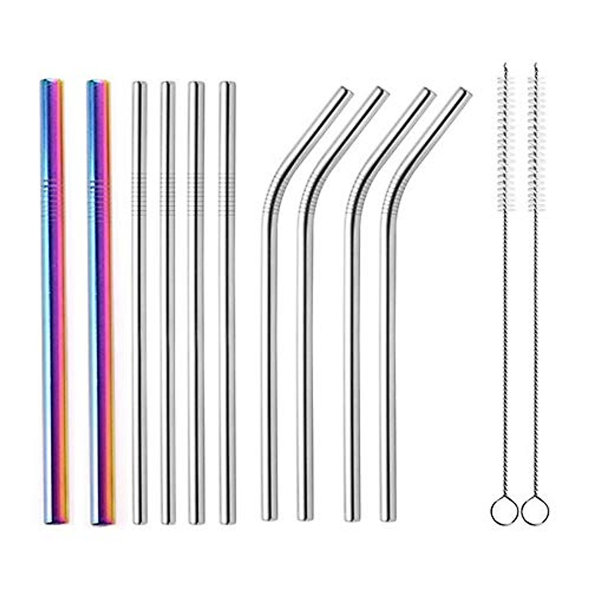 Stainless Steel Straws 10 Pieces Variety 8.5inch Reusable Drinking Straws with Wide Rainbow Smoothie Straw for 20oz Tumblers（6 Straight 4 Bent 2 Brushes)
