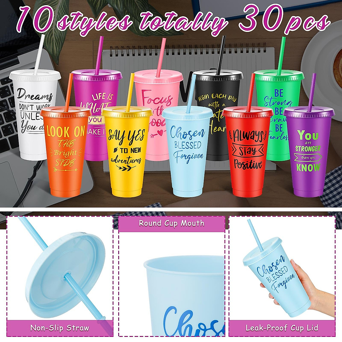 Uiifan 30 Pcs Bulk Appreciation Gifts for Employee Staffs Coworkers 24oz Inspirational Plastic Tumbler with Lid and Straw Reusable Plastic Cups Office School Classroom Christmas Gift (Bright Color)