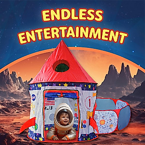 Playz 3pc Rocket Ship Astronaut Kids Play Tent, Tunnel, & Ball Pit with Basketball Hoop Toys for Boys, Girls, Babies, and Toddlers - STEM Inspired Educational Galactic Spaceship Design w/Planets
