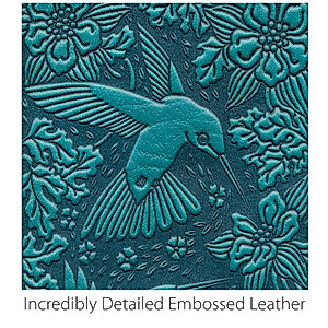 Oberon Design Hummingbirds Embossed Genuine Leather Checkbook Cover, 3.5x6.5 Inches, Teal