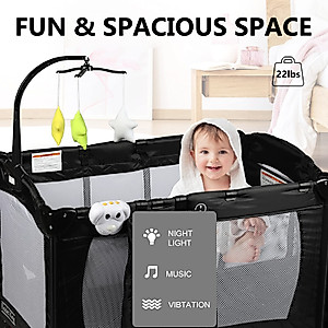 Kinder King 3 in 1 Portable Nursery Center, Foldable Playard for Baby & Toddler, Infant Pack n Play w/Bassinet, Removable Mattress, Newborn Changing Table, Travel Bag, Music Box, Storage Basket, Black