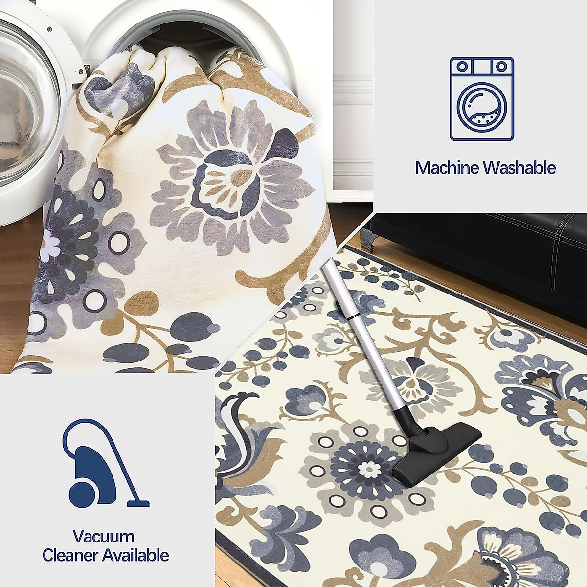 HEBE Floral Area Rug 5'x7’ Large Living Room Rug Boho Rugs for Bedroom Non Slip Washable Dining Room Mat Soft Throw Rug Indoor Floor Carpet for Nursery Kids Room Entryway