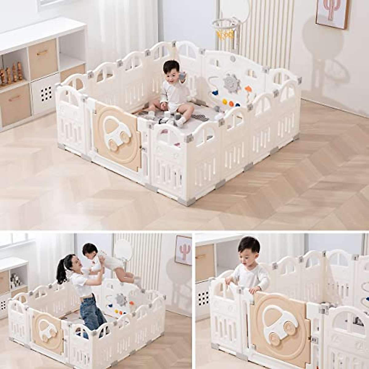 MERIT play Baby Playpen, Free-Installation Toddler Foldable Playpen with Basketball Hoop and Drawing Board for Kids, Adjustable Shape Safety Indoor Outdoor Portable Sturdy Play Yard(14 Panels)…