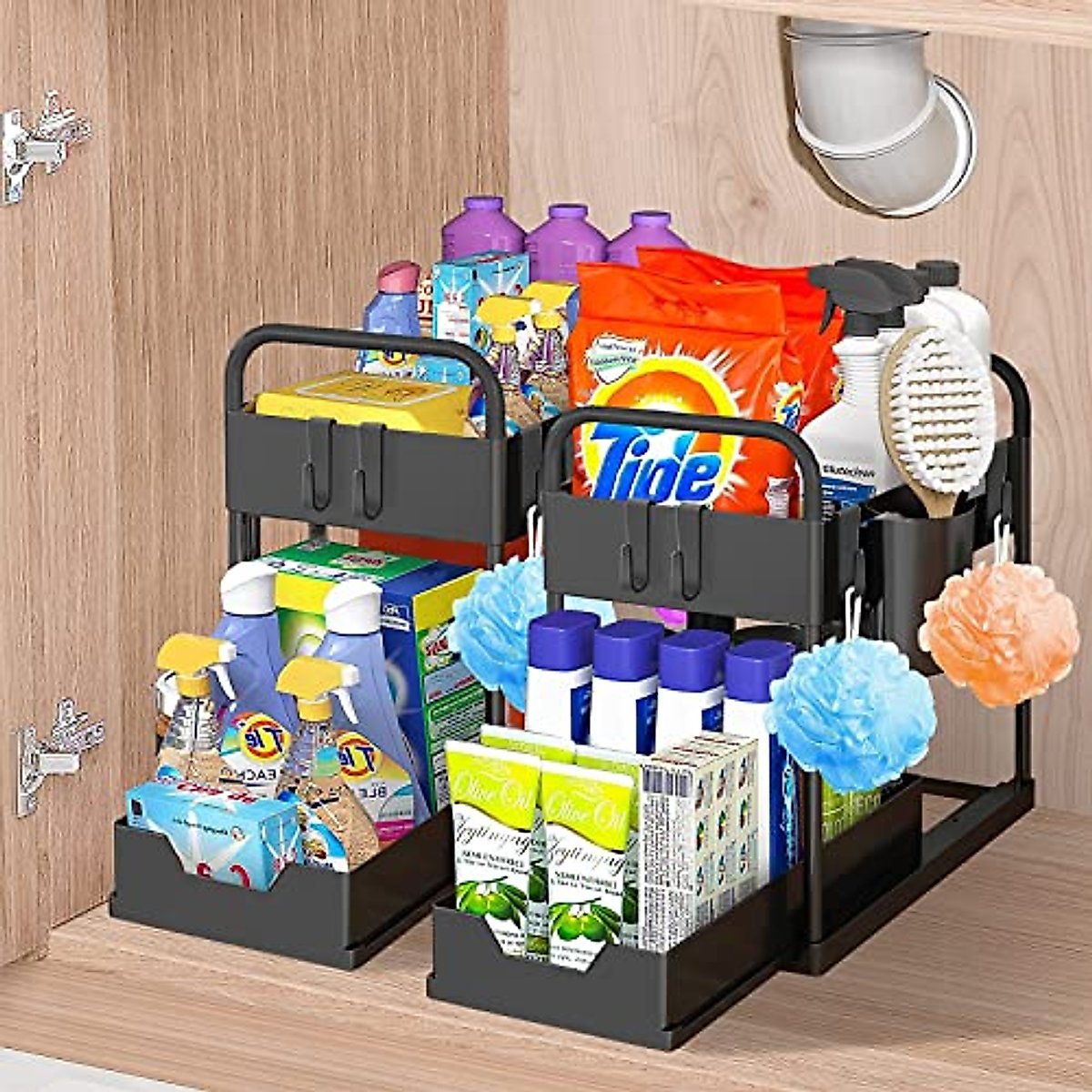 2 Tier Under Sink Organizers and Storage, 2 Pack Sliding Under Bathroom Cabinet Storage Drawer Organizer with Storage Drawer with 8 Hooks and 2 Hanging Cups, Multi-purpose Under Sink Organizer, Black