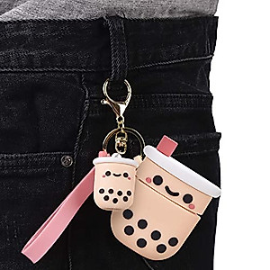 Cute Airpod Case Cover with Keychain Girly Pink Boba Milk Tea Design Compatible with Airpods 2&1 Charging Case for Women and Girls