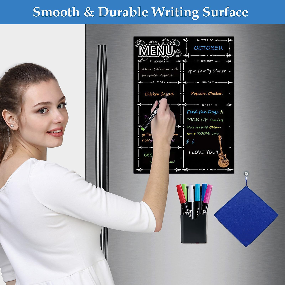 Magnetic Menu Board for Fridge, LiebHome Dry Erase Weekly Menu Planner/Family Calendar 16" x 12" with Grocery List and Notes (Black with 8 Markers)