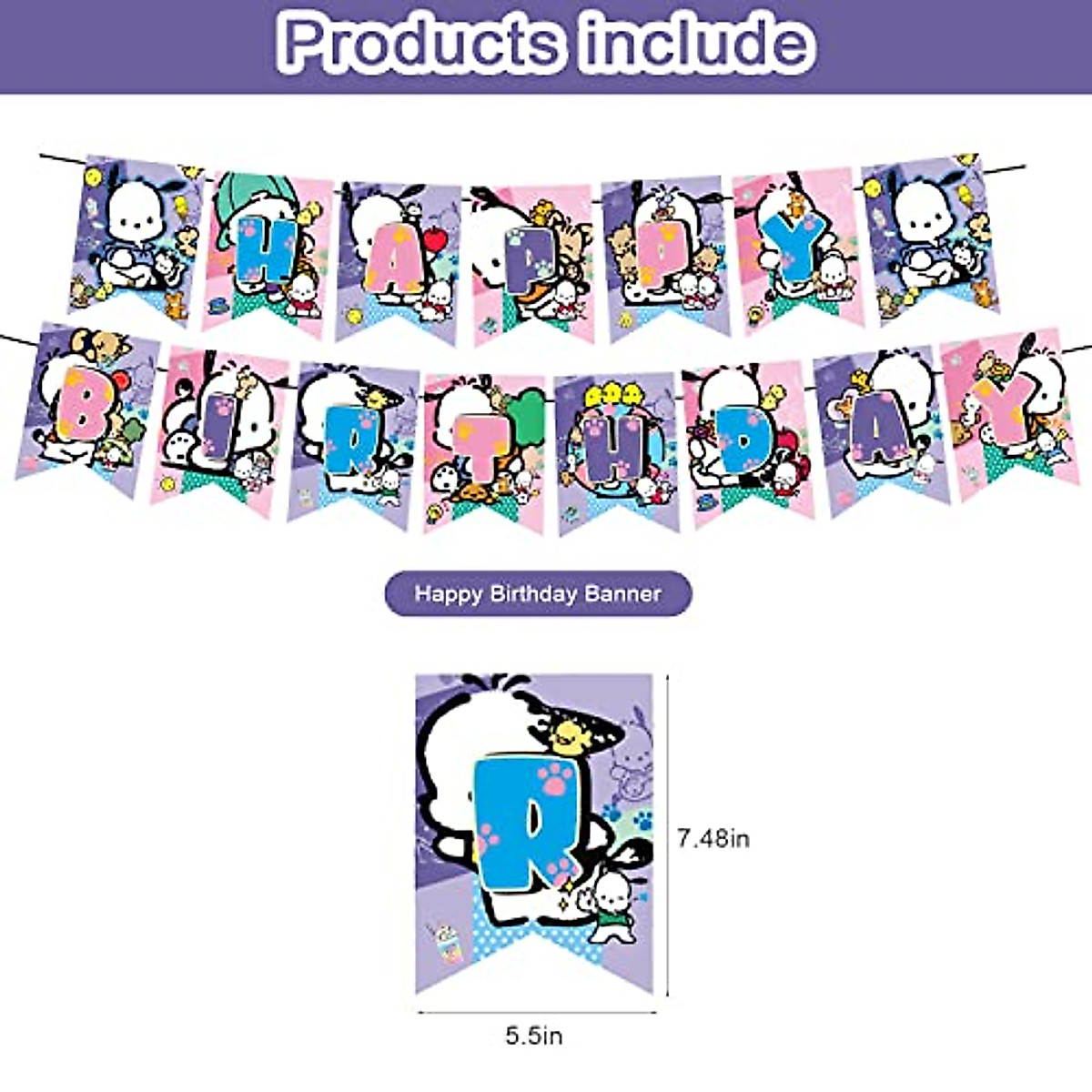 Pochacco Birthday Party Decorations,Pochacco Theme Party Supplies for Kids Adults with Happy Birthday Banner Cake Topper Cupcake Toppers Balloons