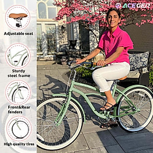ACEGER 26 Inch Women Beach Cruiser Bike, Single Speed and 7 Speed, Adult Hybrid Bike Commuter Bicycle, Hi-Ten Steel Frame with Adjustable Handlebar and Saddle, Multiple Colors
