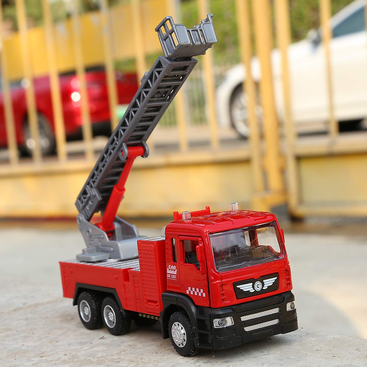 haomsj Metal Micro Fire Truck Extending Rescue Rotating Ladder Toy Truck for Boys 3 4 5 6 7 Year Old（Ladder Truck）