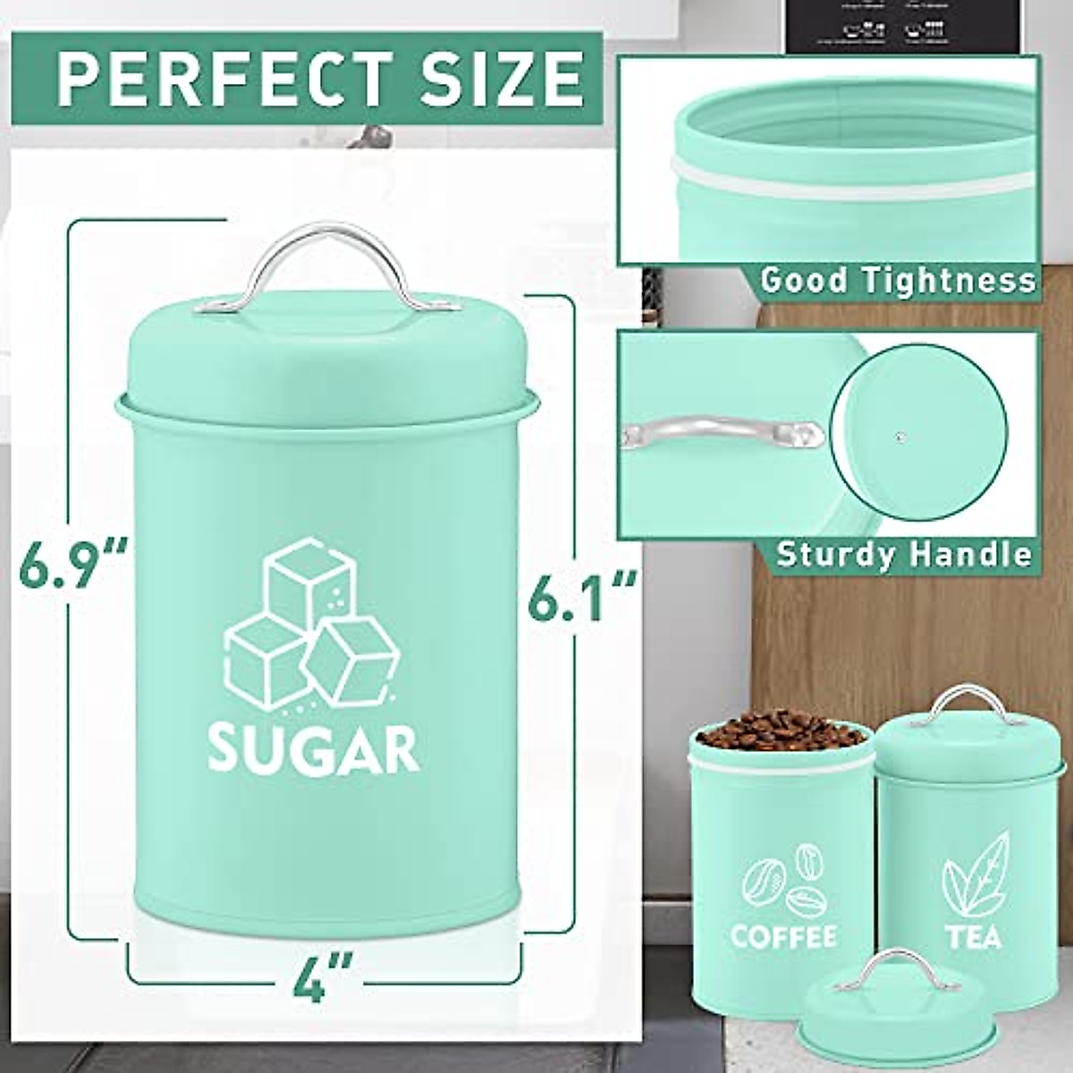 E-far Canister Sets for Kitchen Counter, 3-Piece Metal Tea Coffee Sugar Canister with Airtight Lid for Food Storage, Farmhouse Style & Small Size (6.1” x 4”)-Turquoise