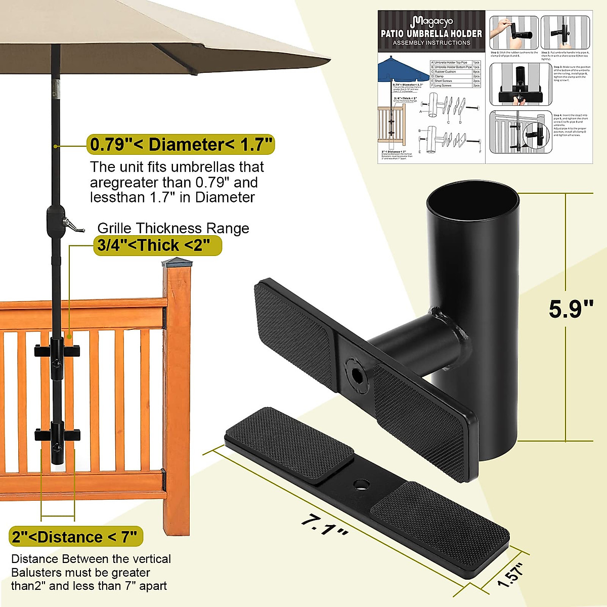 Magacyo Adjustable Patio Umbrella Holder - Outdoor Umbrella Base and Stand Metal Clamp for Fixed Deck Railing and Poles