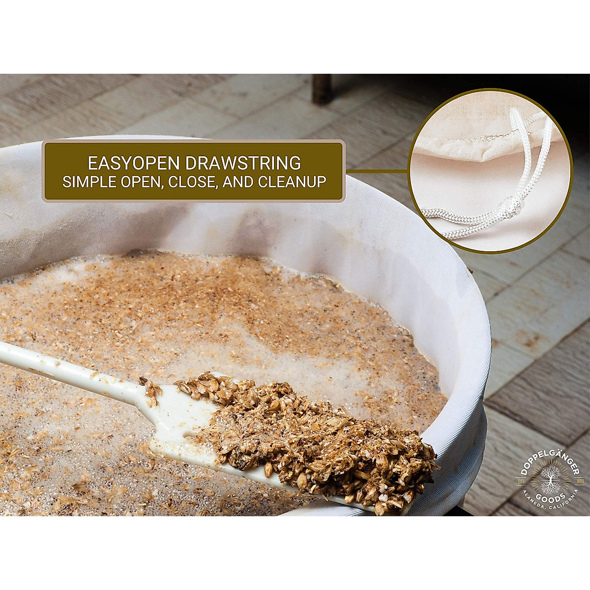 (XL 22in x 26in) Organic Cotton Brew In A Bag - Designed in CA - Reusable Home Brewing Strainer Bag with EasyOpen Drawstring to Boil and Strain Hops, Apple Cider, Commercial Cold Brew Coffee Filter