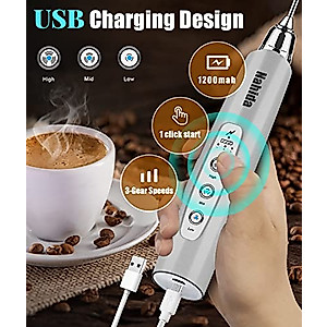 Nahida Handheld Milk Frother for Coffee with Stand， Rechargeable Drink Foam Mixer with 3 Heads 3 Speeds Electric Stirrers for Latte, Cappuccino, Hot Chocolate, Egg, Cord-Free