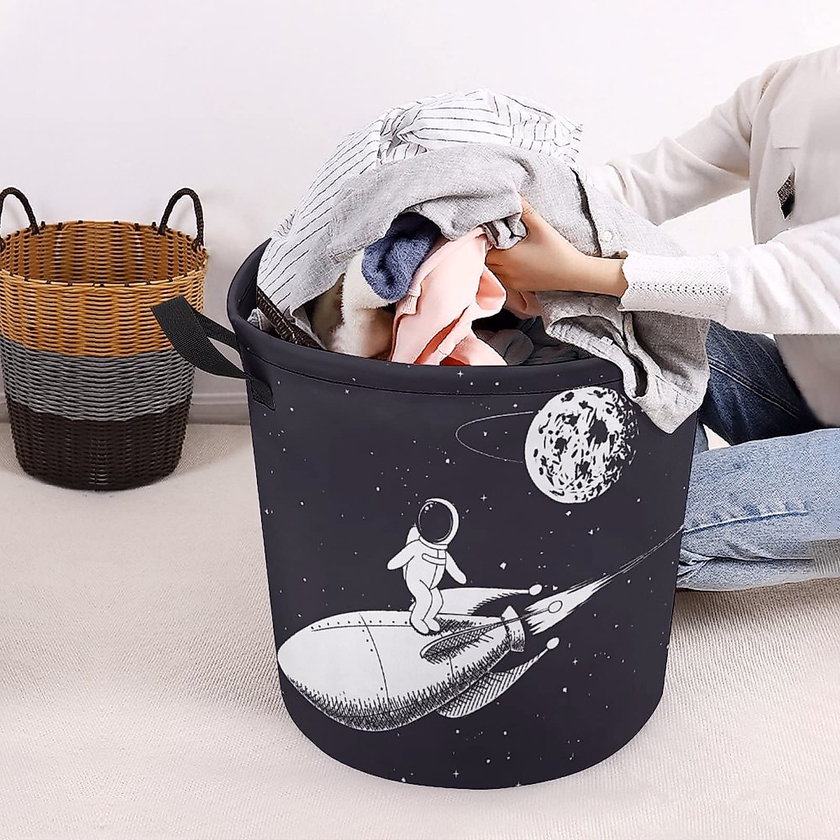 HoaMoya Collapsible Astronauts Fly Rocks from The Moon Laundry Hamper Nursery Hamper Large Waterproof Baby Clothes Toy Storage Basket Bin for Kids Boys Girls Bedroom Bathroom
